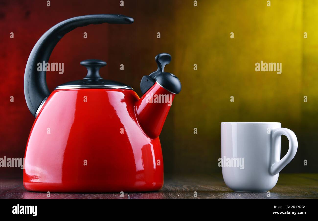 Traditional stainless steel stovetop kettle with whistle of two litres ...
