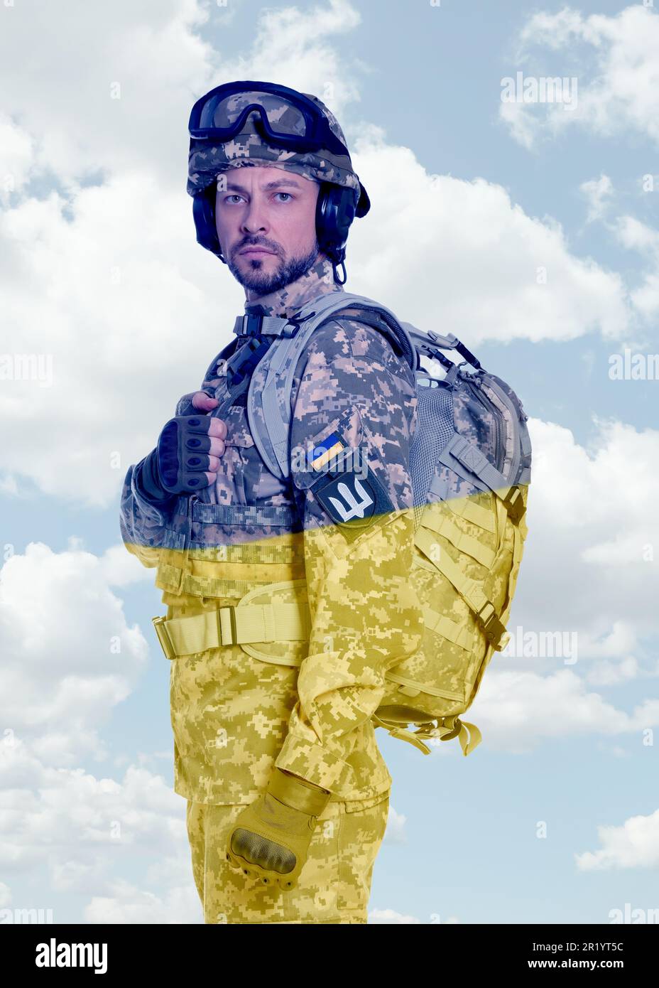 Multiple exposure of sky with clouds, Ukrainian flag and soldier in ...