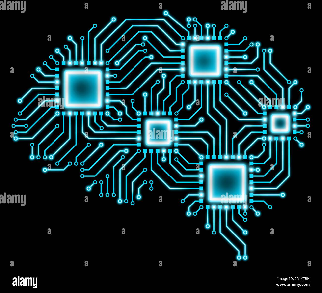 Circuit board with human brain. with four microchip blue. artificial ...