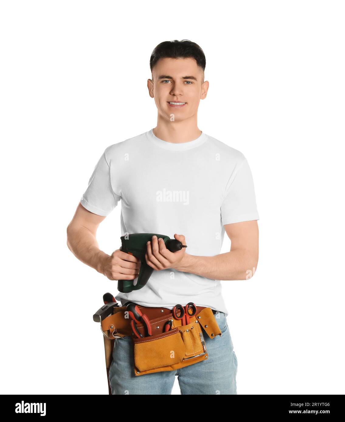 Handyman with tool belt and electric screwdriver isolated on white ...