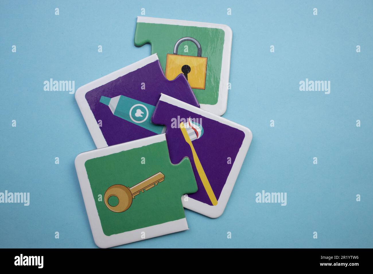 Information puzzle placed on a blue background. Safety, personal care ...