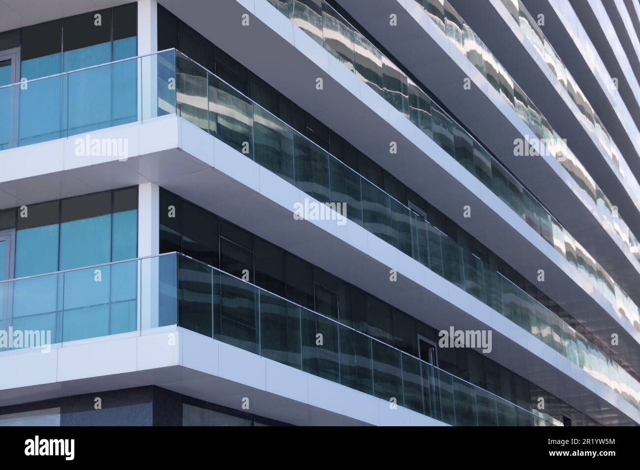 Exterior of residential building with balconies, low angle view Stock ...