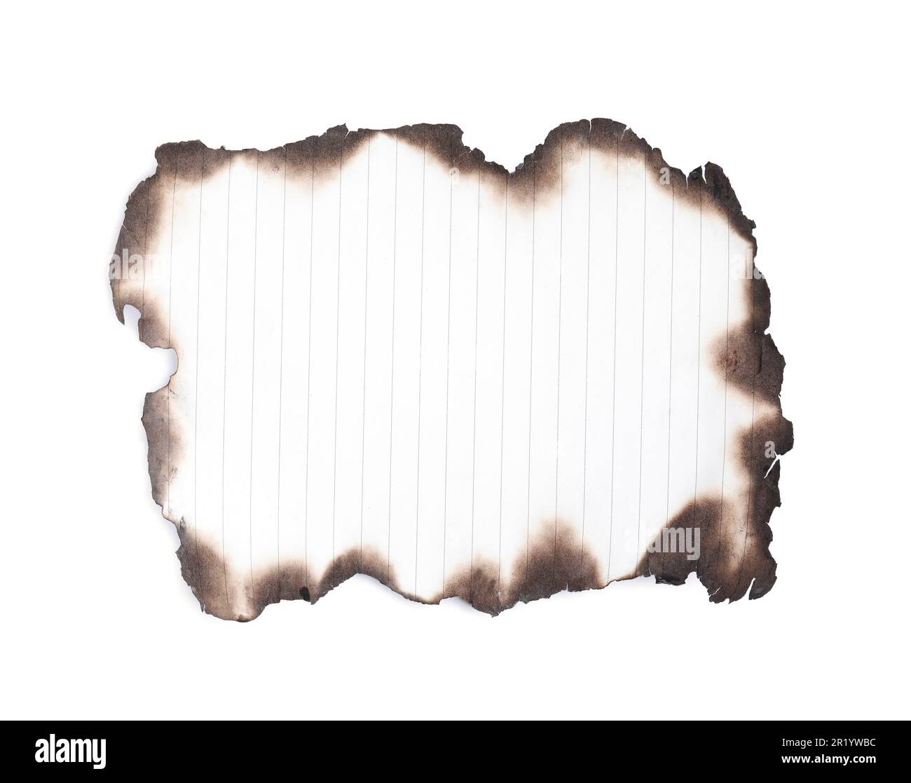 Piece of notebook paper with dark burnt borders on white background ...