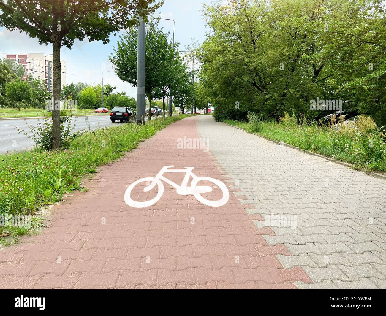 Street with road, pedestrian zone and red paved bicycle lane Stock ...