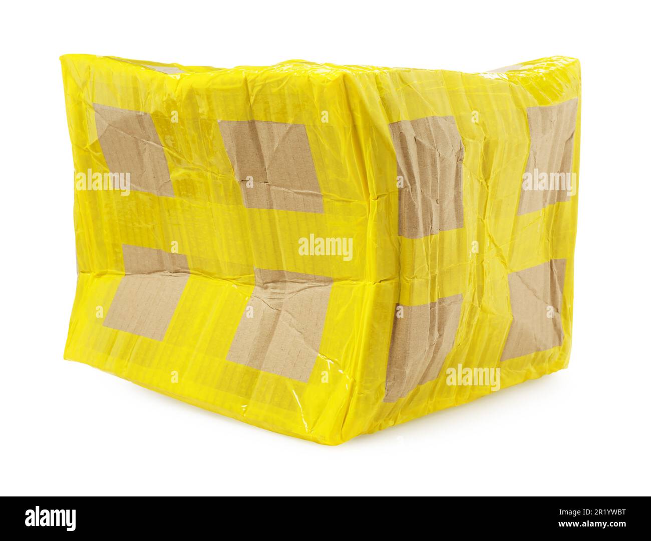 Crumpled cardboard parcel box with yellow sticky tape on white ...