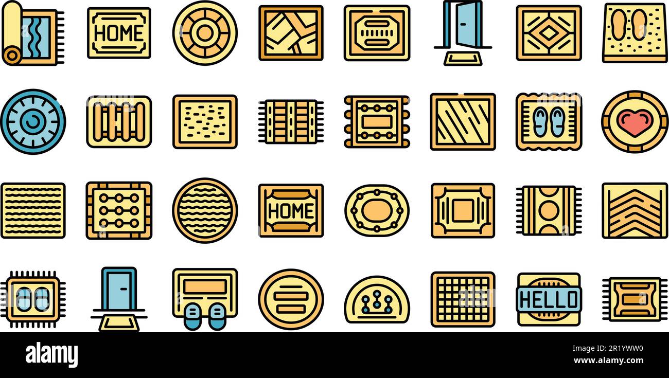 Door mat icons set outline vector. Office floor. Space rug thin line ...