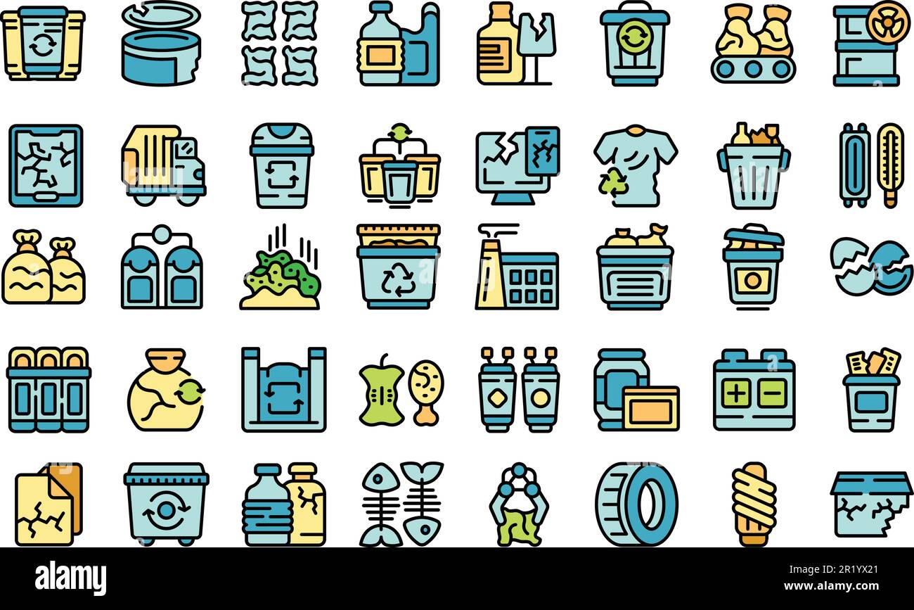 Waste sorting icons set outline vector. Garbage sorting. Sort trash thin line color flat on ...