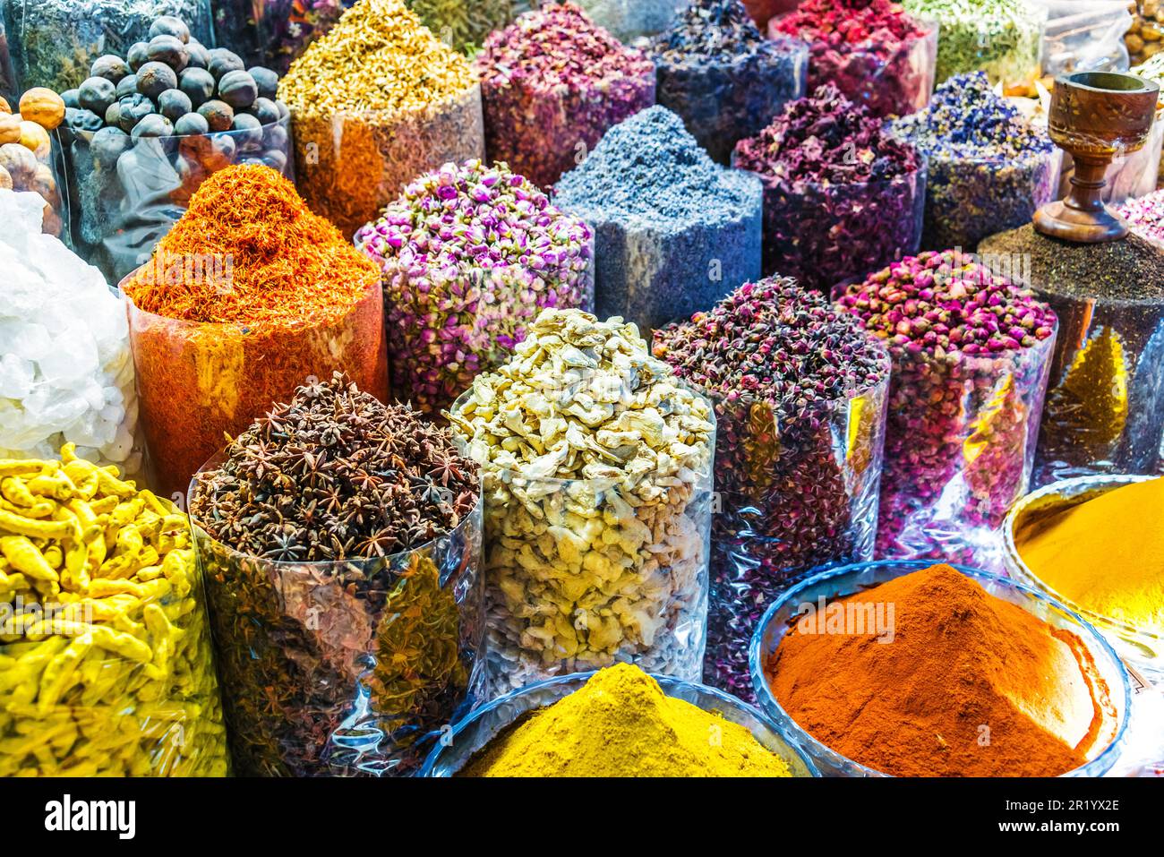 Variety of spices and herbs on the arab street market stall. Dubai ...