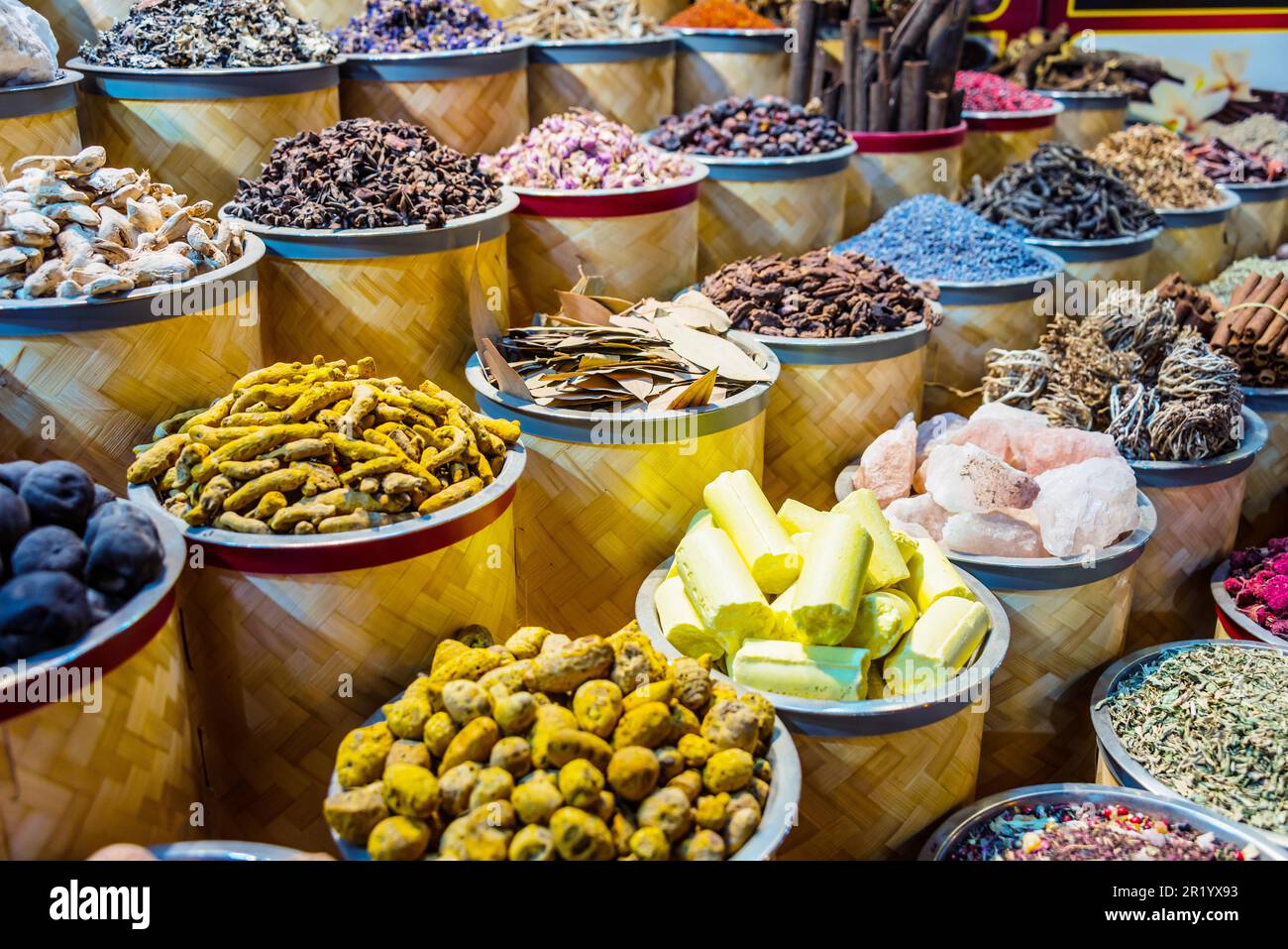Variety of spices and herbs on the arab street market stall. Dubai ...