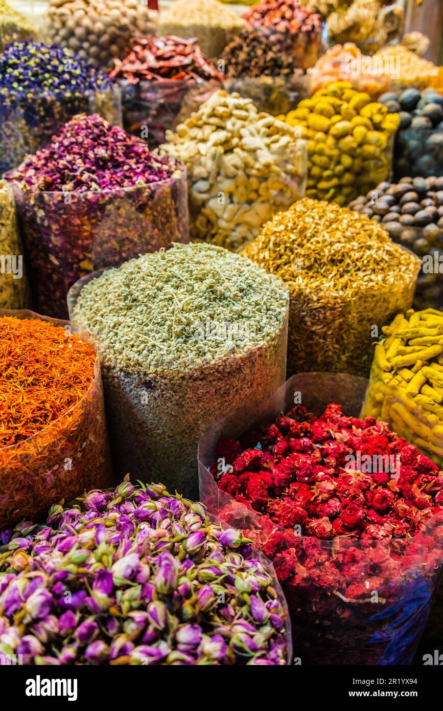 Variety of spices and herbs on the arab street market stall. Dubai ...