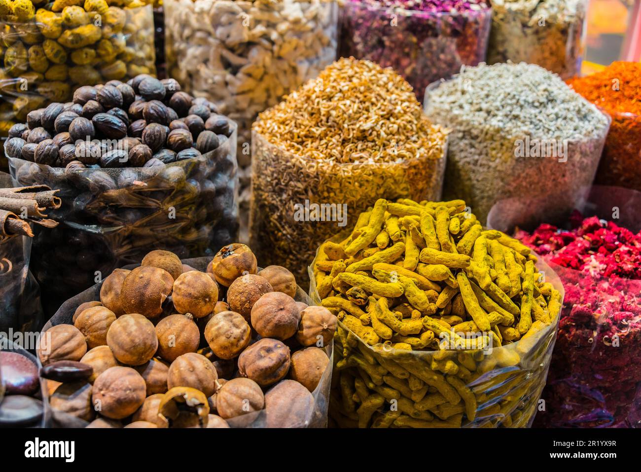Variety of spices and herbs on the arab street market stall. Dubai ...