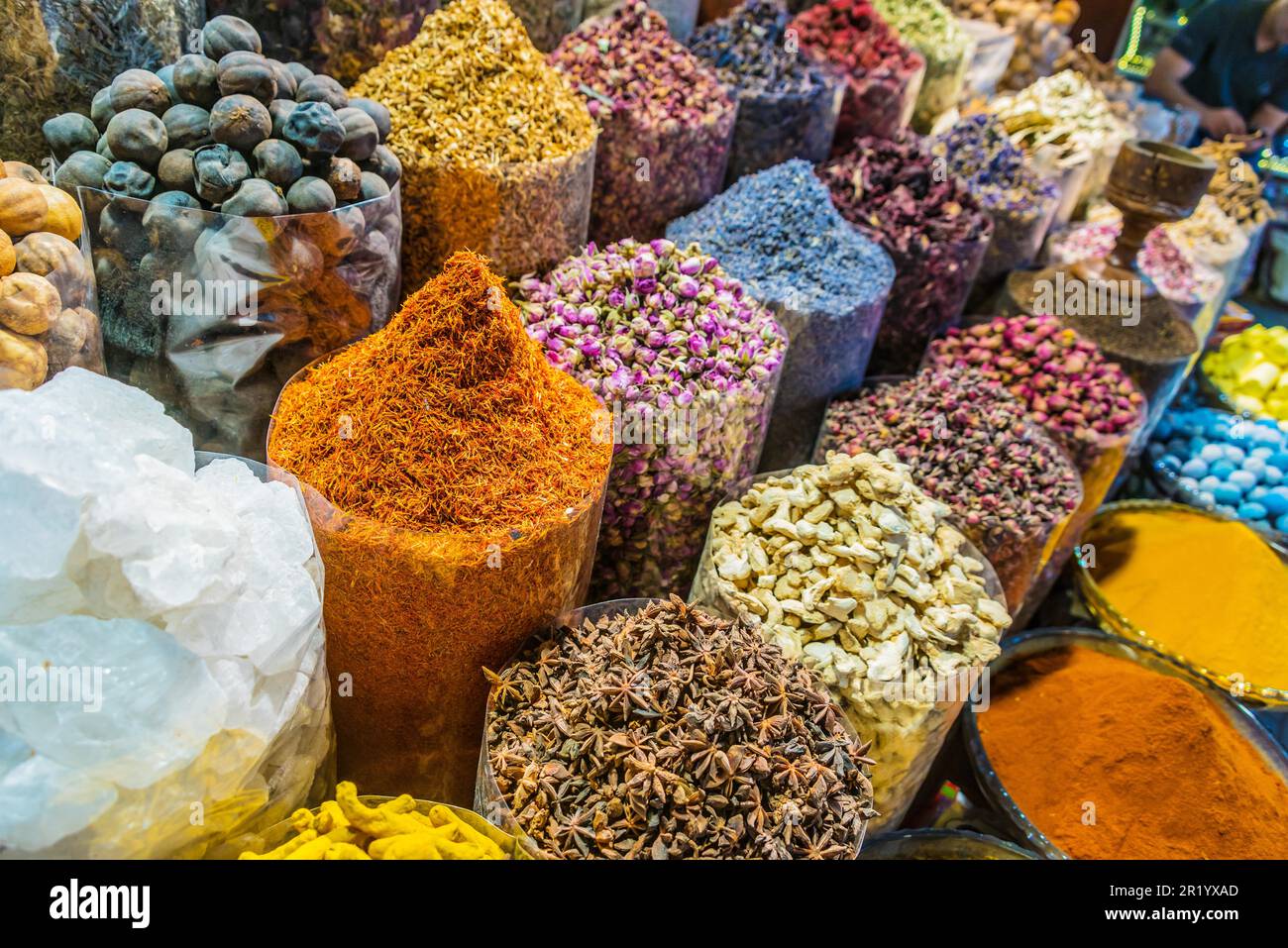 Variety of spices and herbs on the arab street market stall. Dubai ...