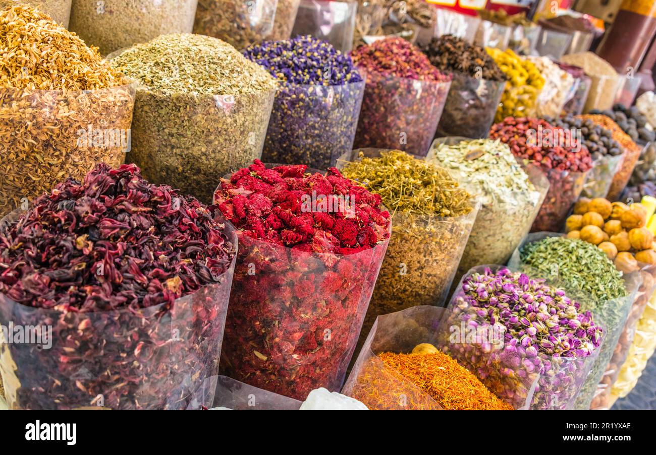 Variety of spices and herbs on the arab street market stall. Dubai ...