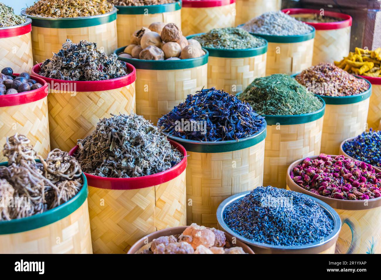 Variety of spices and herbs on the arab street market stall. Dubai ...