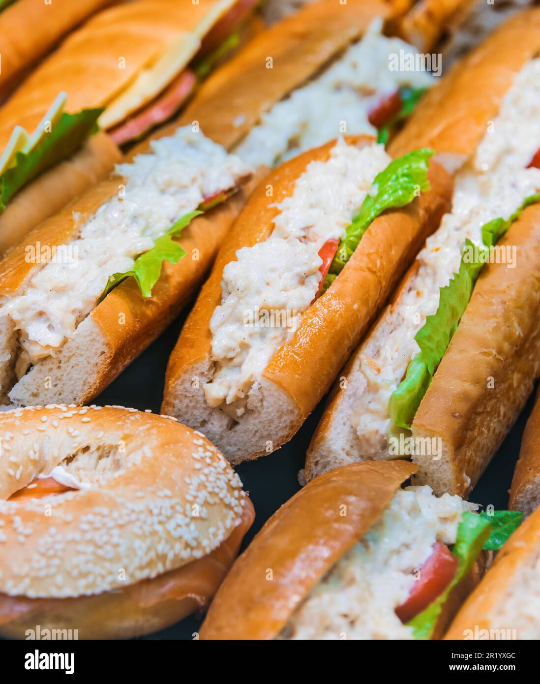 Variety of freshly prepared sandwiches sold in fast food restaurant ...