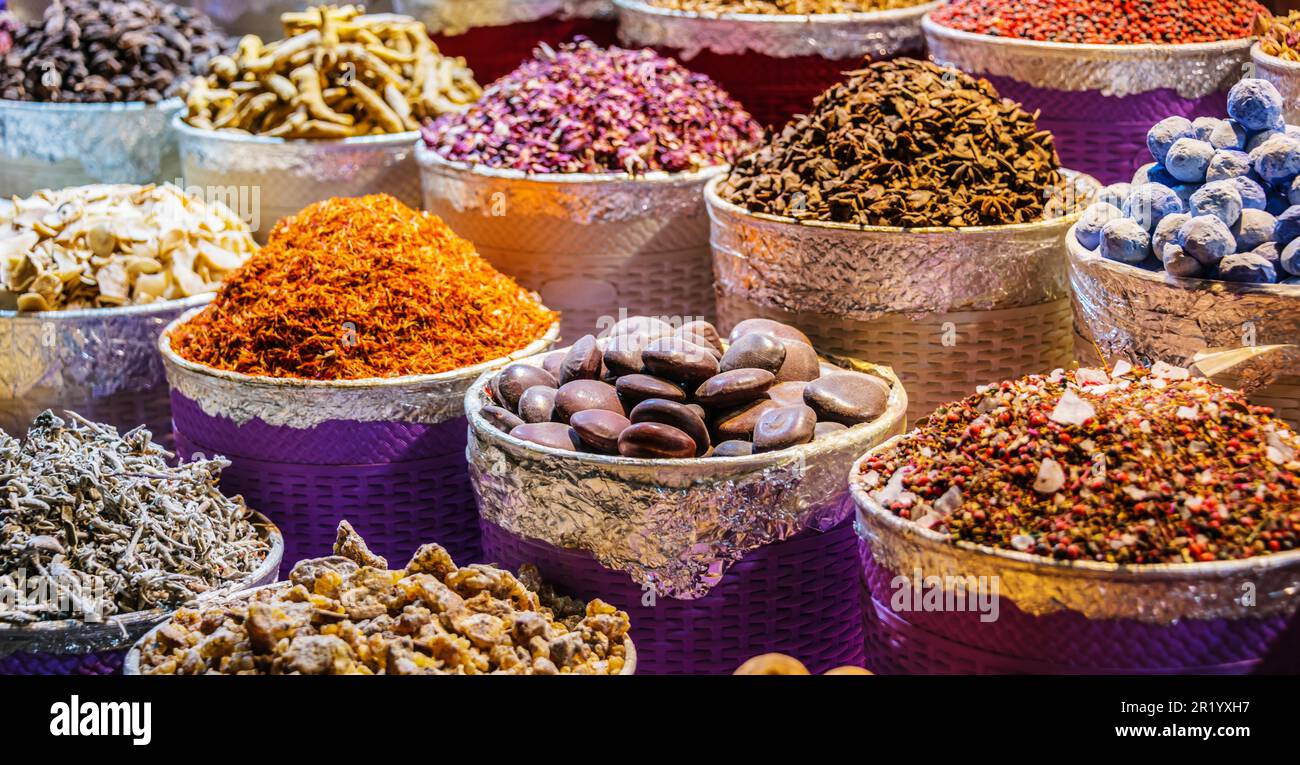 Variety of spices and herbs on the arab street market stall. Dubai ...