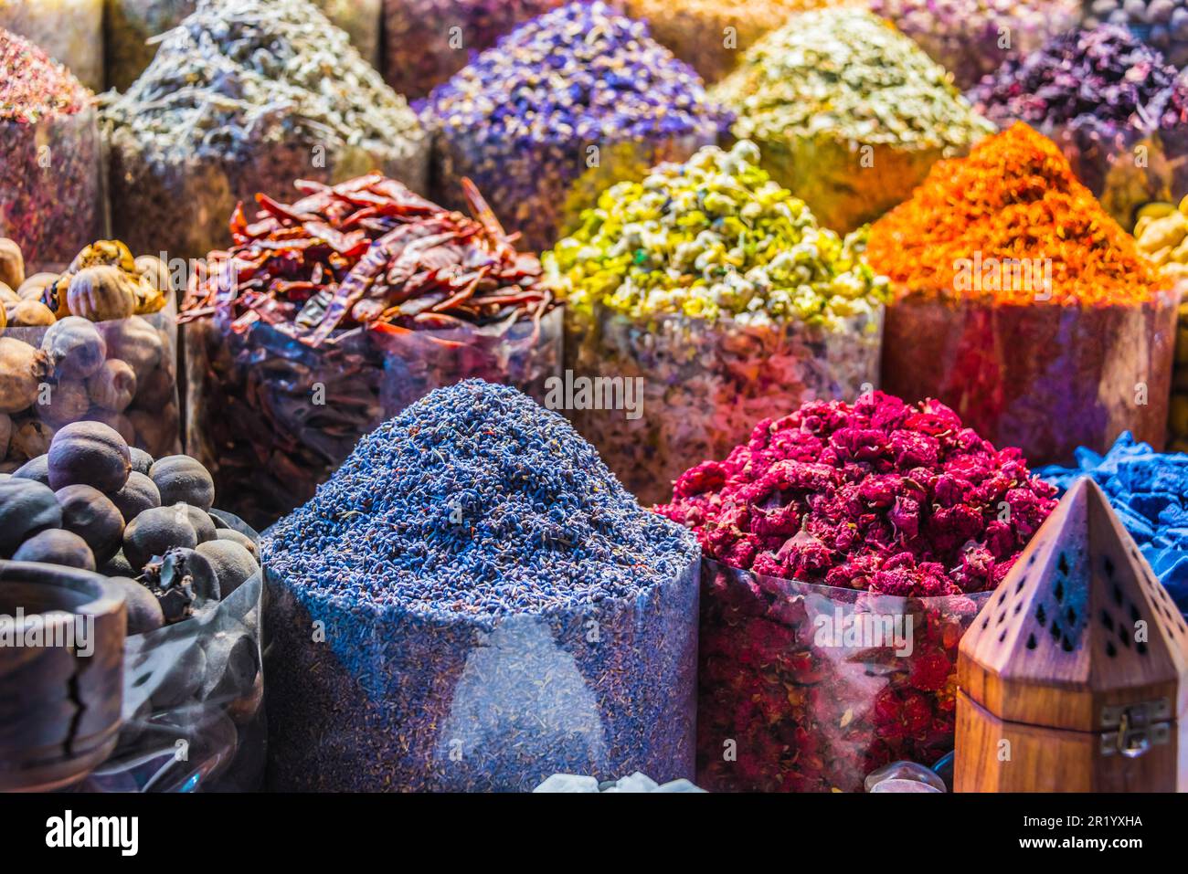 Variety of spices and herbs on the arab street market stall. Dubai ...
