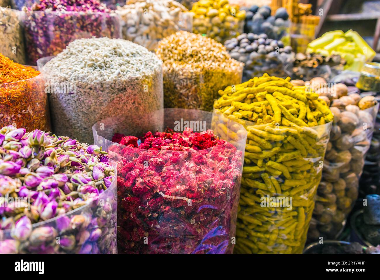 Variety of spices and herbs on the arab street market stall. Dubai ...