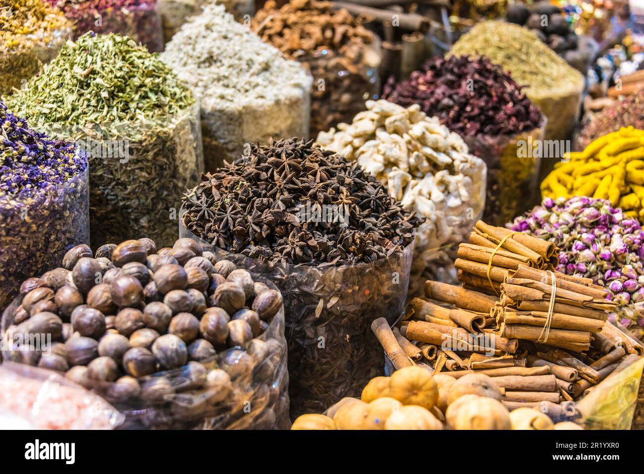 Variety of spices and herbs on the arab street market stall. Dubai ...
