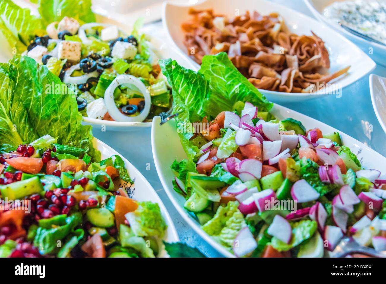 Assortment of fresh vegetable salads in restaurant buffet Stock Photo ...