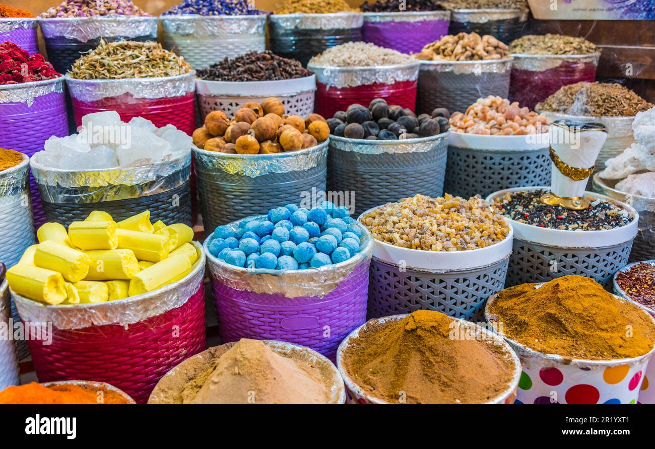 Variety of spices and herbs on the arab street market stall. Dubai ...