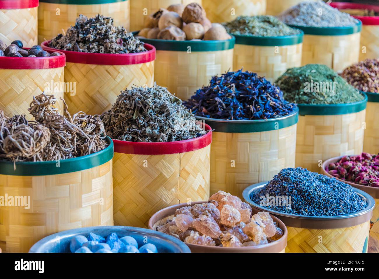 Variety of spices and herbs on the arab street market stall. Dubai ...