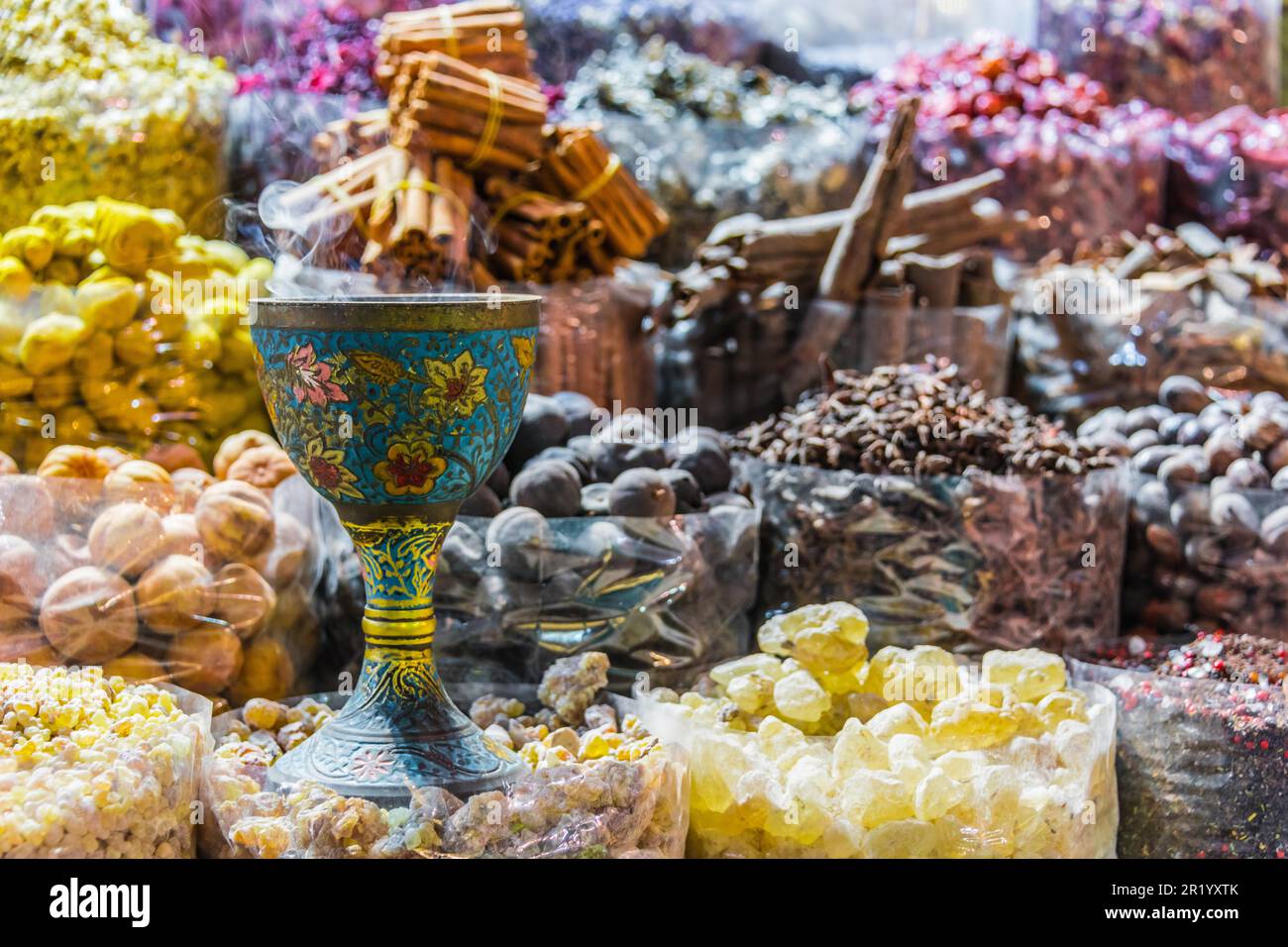 Variety of spices and herbs on the arab street market stall. Dubai ...