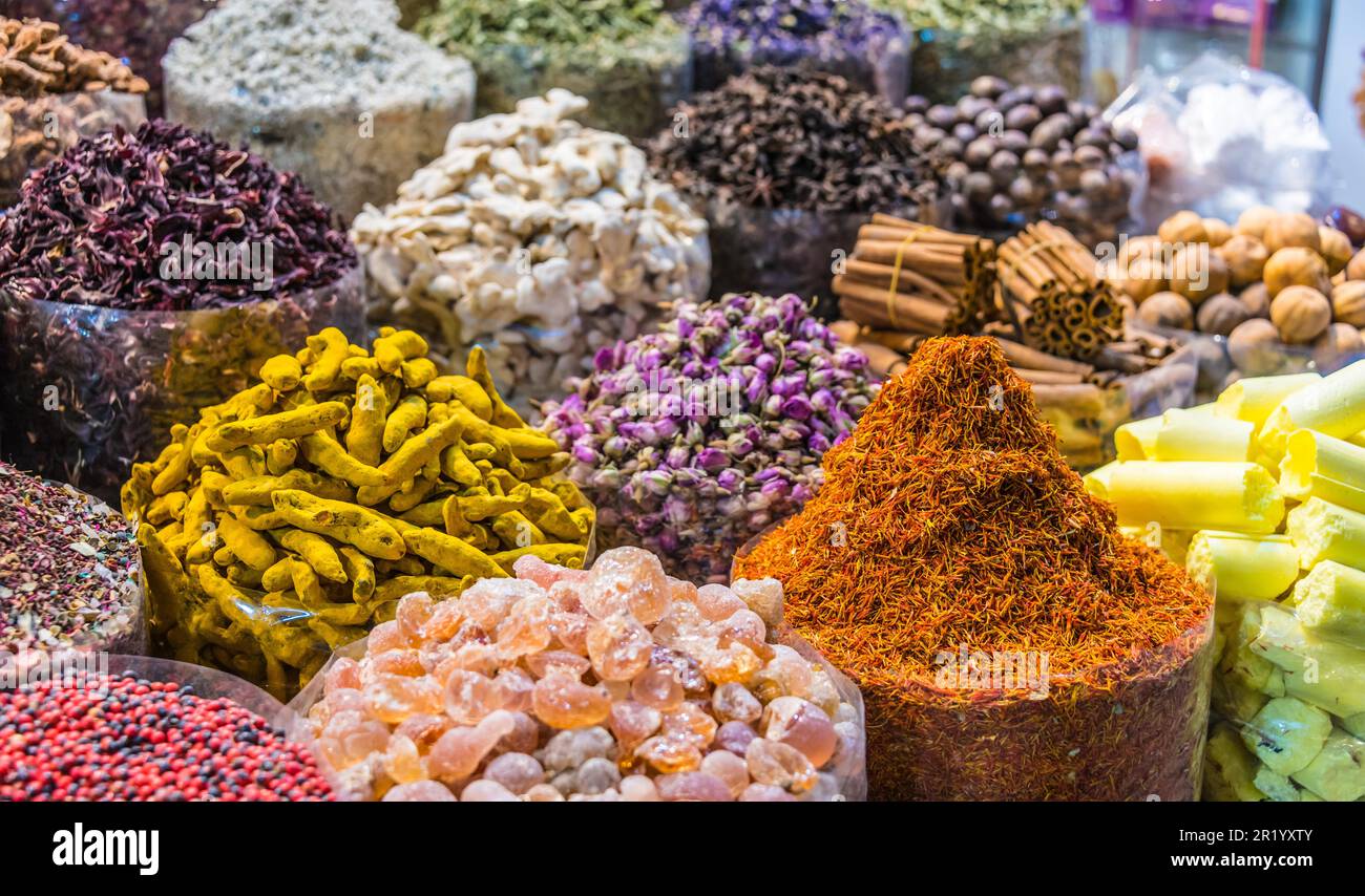 Variety of spices and herbs on the arab street market stall. Dubai ...