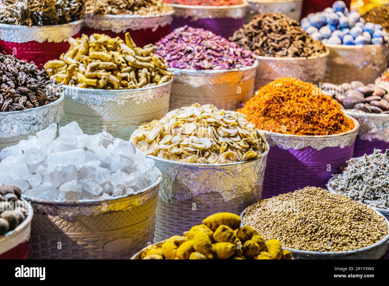 Variety of spices and herbs on the arab street market stall. Dubai ...