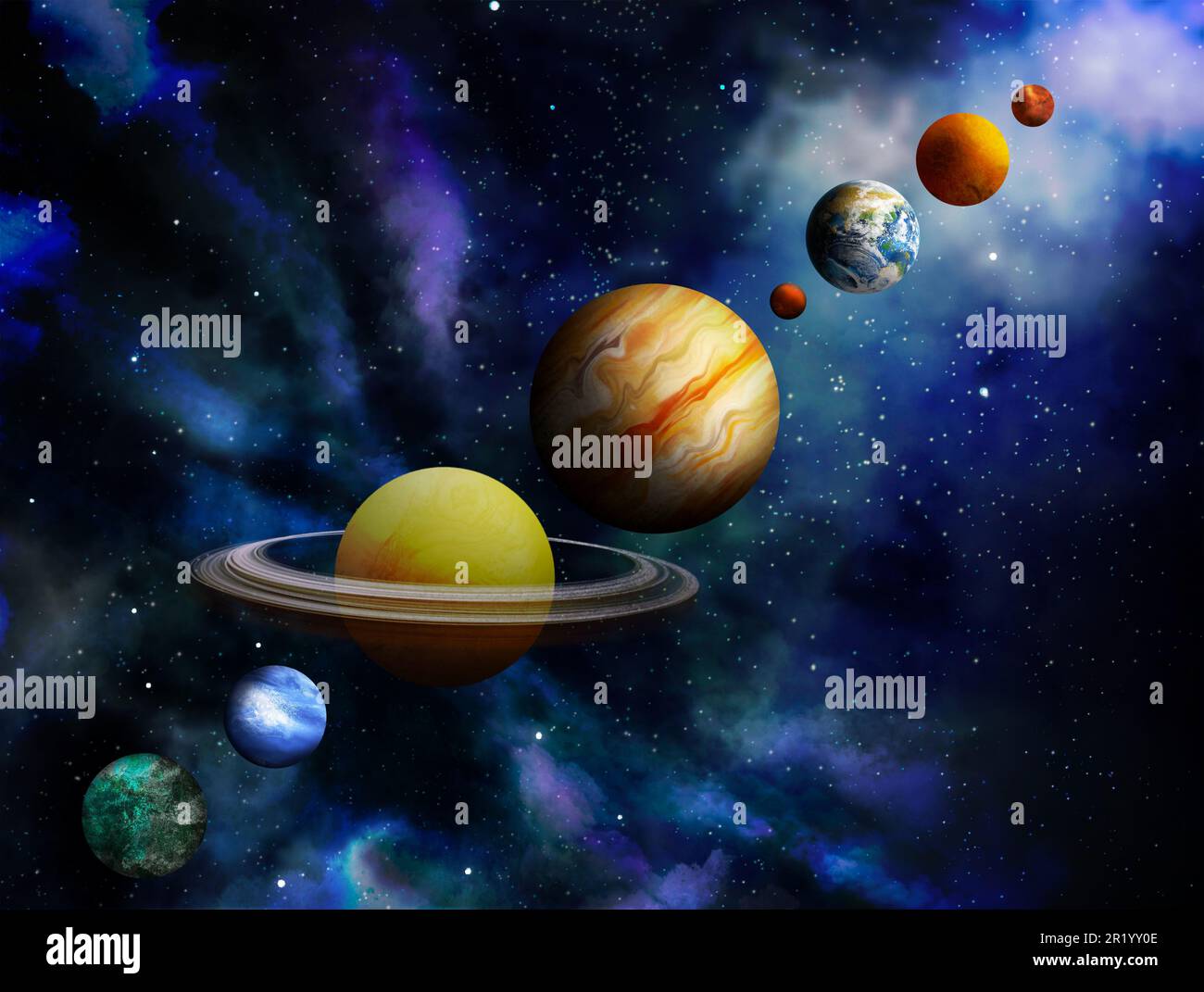 Many different planets and stars in open space, illustration Stock ...