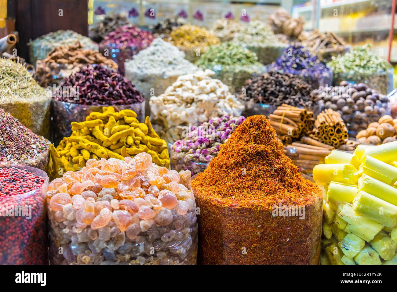 Variety of spices and herbs on the arab street market stall. Dubai ...