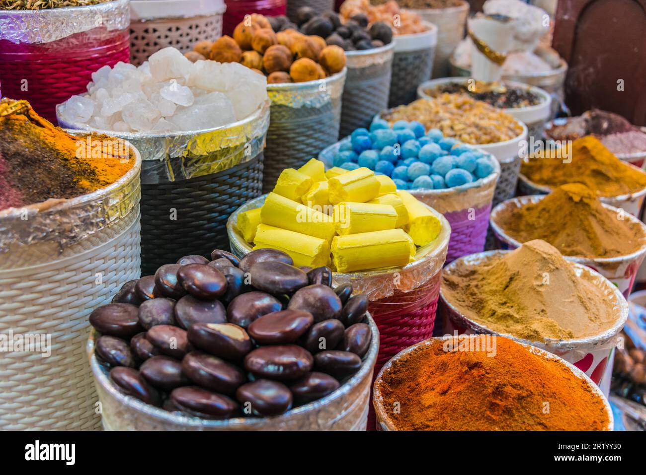 Variety of spices and herbs on the arab street market stall. Dubai ...