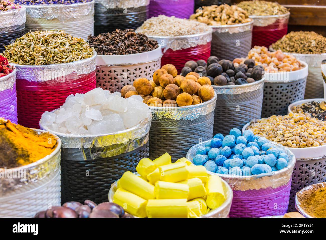 Variety of spices and herbs on the arab street market stall. Dubai ...