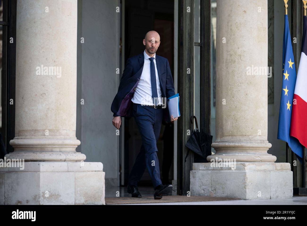 Paris, France. 16th May, 2023. Stanislas Guerini leaves the Elysee ...