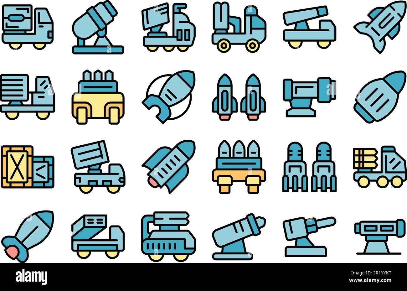 Anti-aircraft missile system icons set outline vector. Gun mortar ...