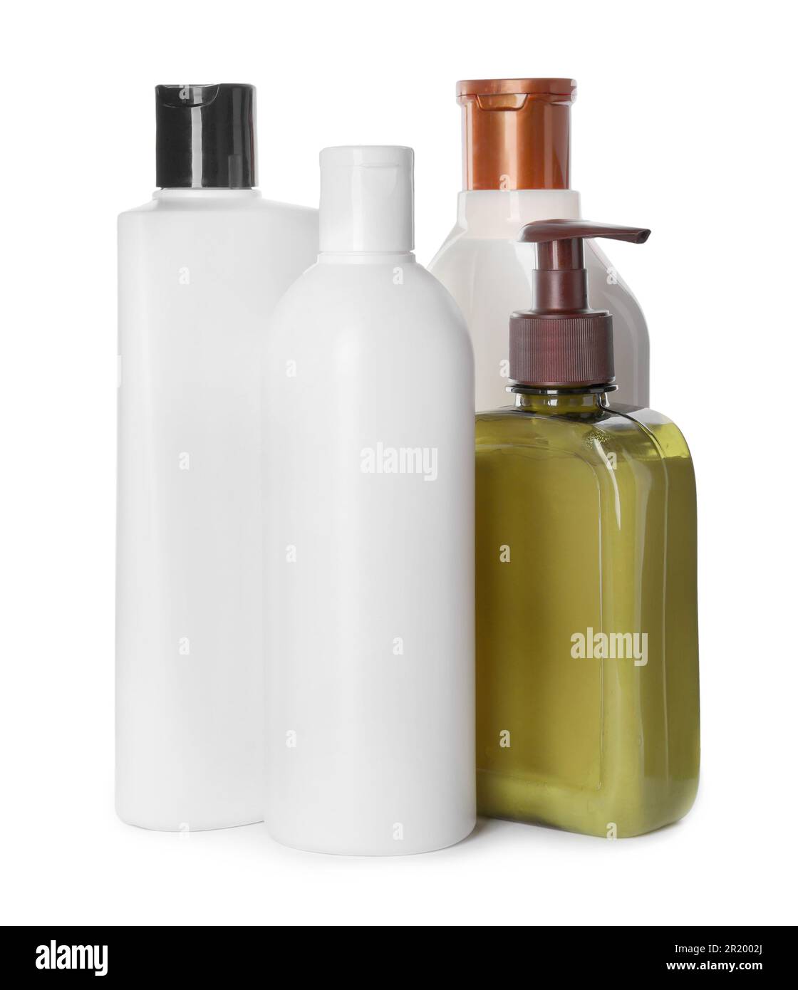 Different bottles of shampoo on white background Stock Photo - Alamy