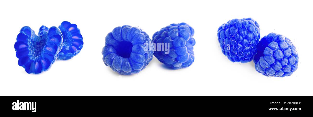 Set with fresh tasty blue raspberries on white background. Banner ...