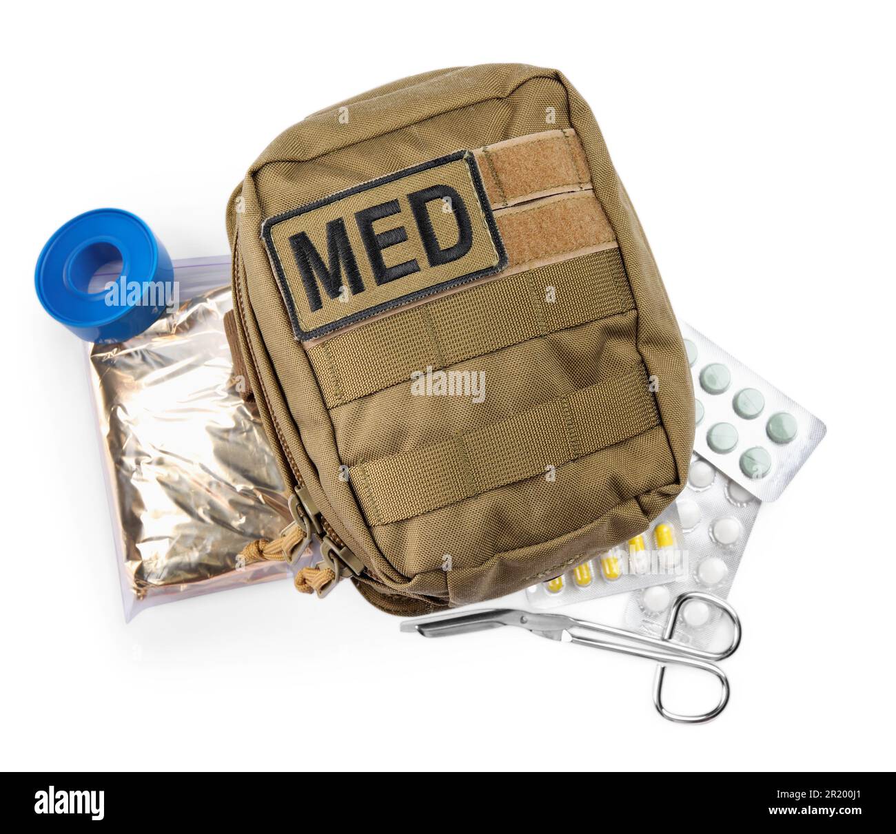 Military first aid kit on white background, top view Stock Photo - Alamy