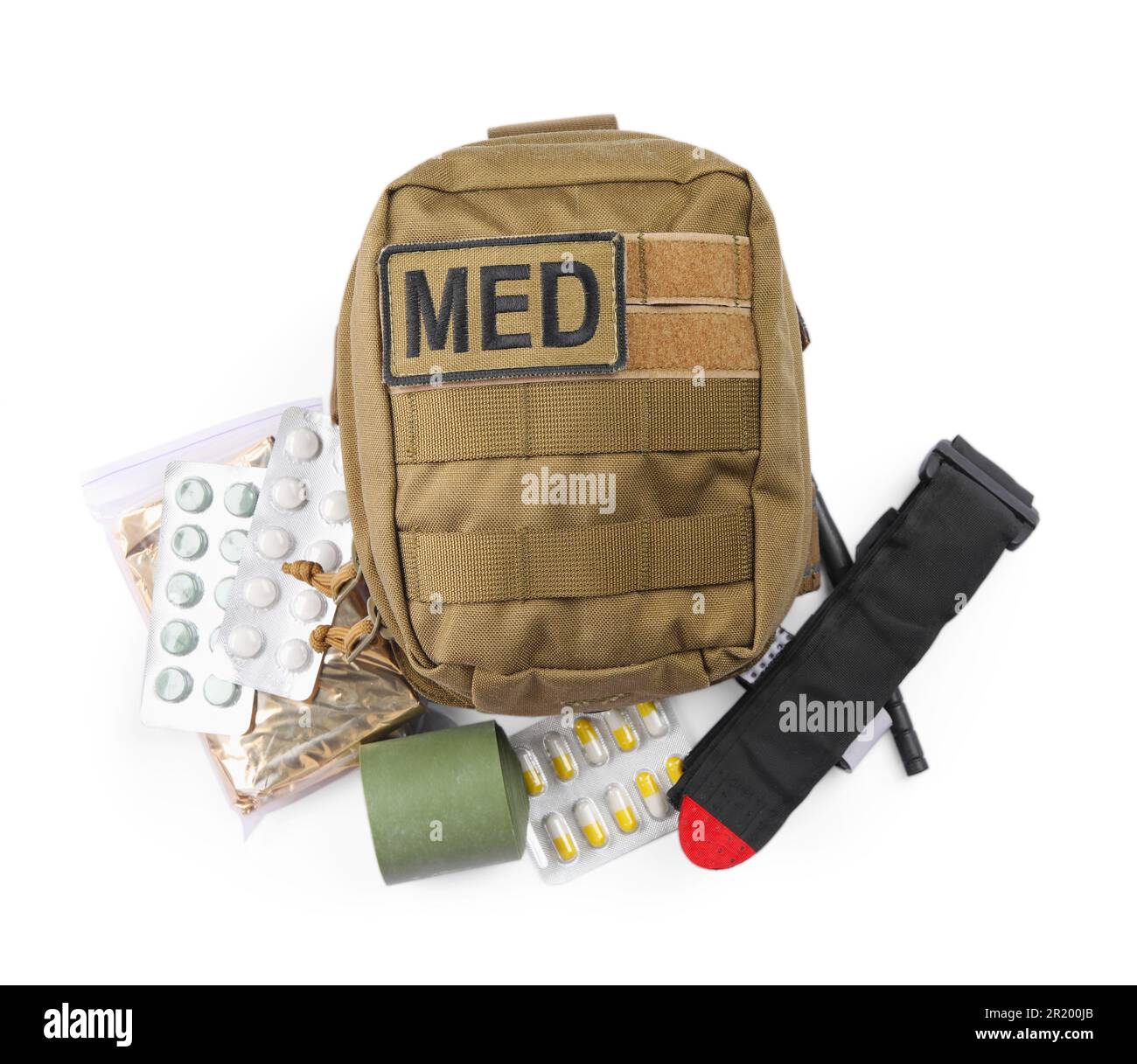 Military first aid kit on white background, top view Stock Photo - Alamy