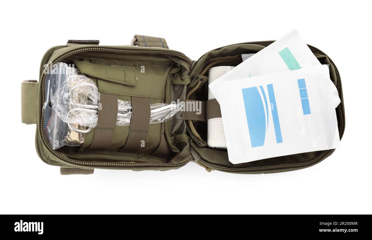 Open first aid kit isolated on white, top view Stock Photo - Alamy