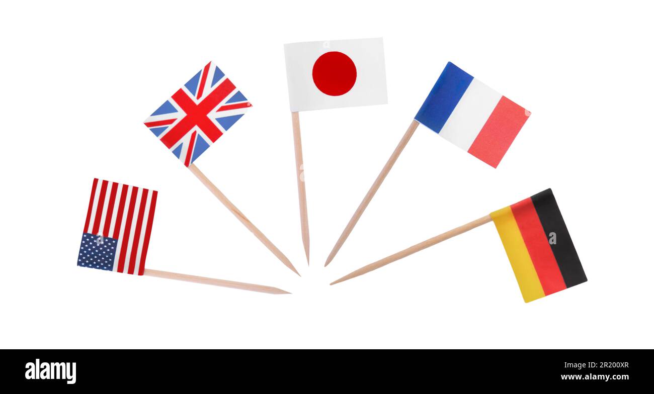 Set of toothpicks with flags of different countries on white background ...