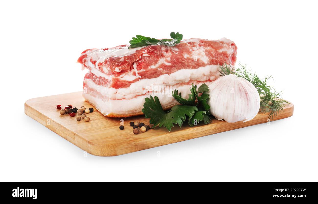 Piece of pork fatback served with different ingredients isolated on ...