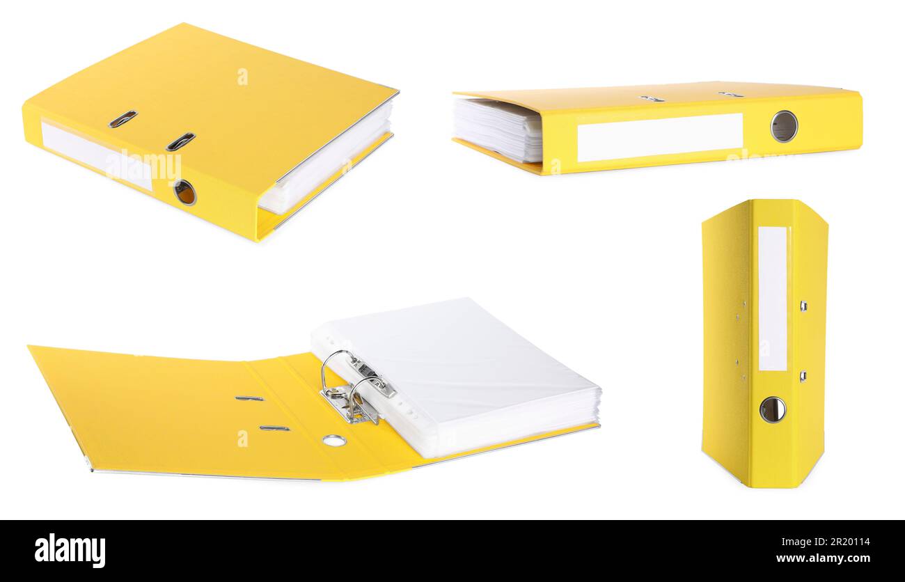 Set with yellow office folders on white background Stock Photo - Alamy