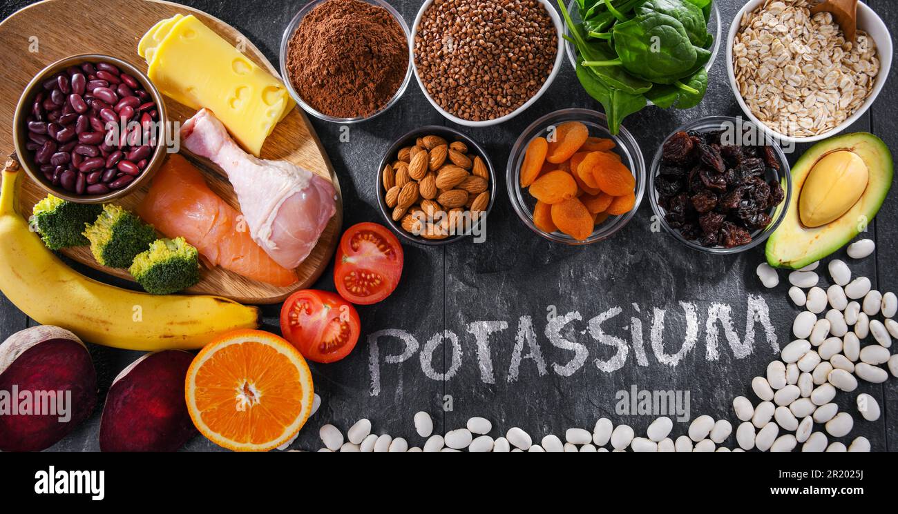 Composition with food products rich in potassium Stock Photo - Alamy
