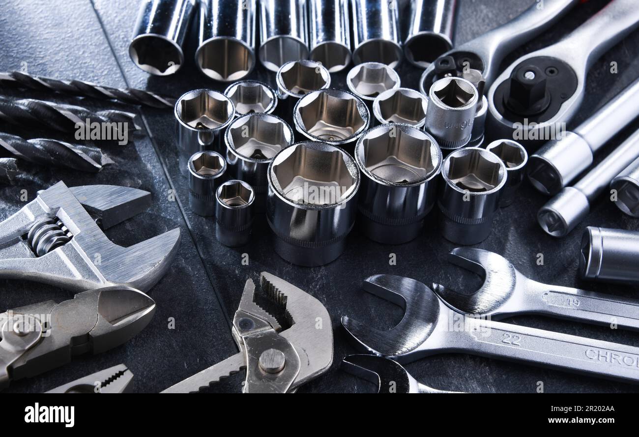 Composition with a variety of metal tools Stock Photo - Alamy