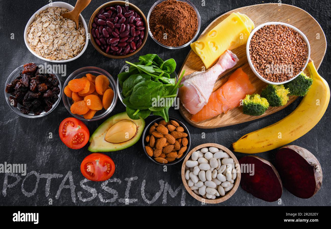 Composition with food products rich in potassium Stock Photo - Alamy