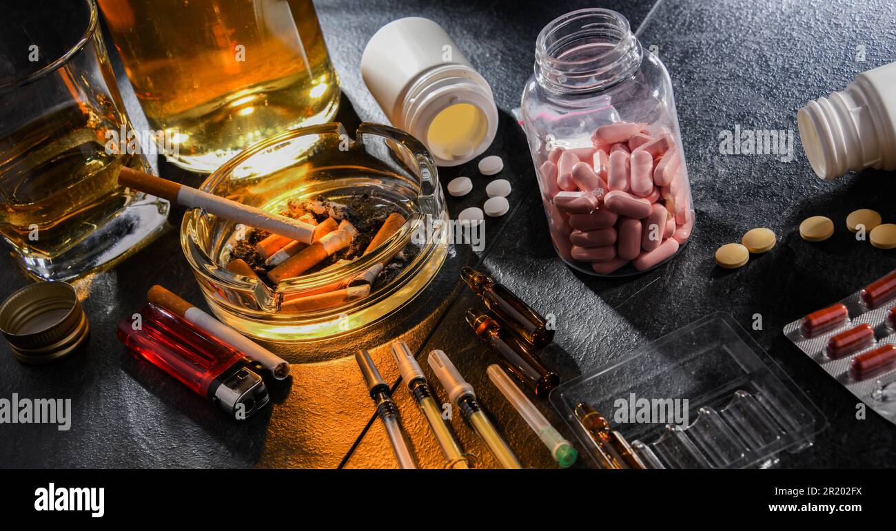 Addictive substances, including alcohol, cigarettes and drugs Stock ...