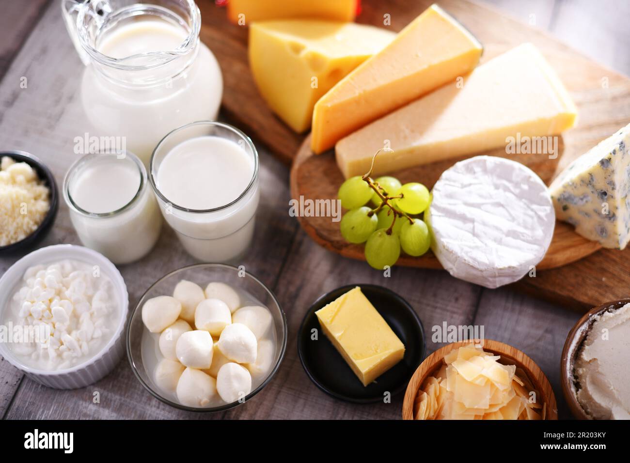 A variety of dairy products including cheese, milk and yogurt Stock ...