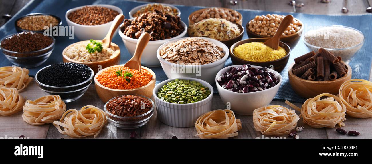 Composition with different kinds of dry food products Stock Photo - Alamy