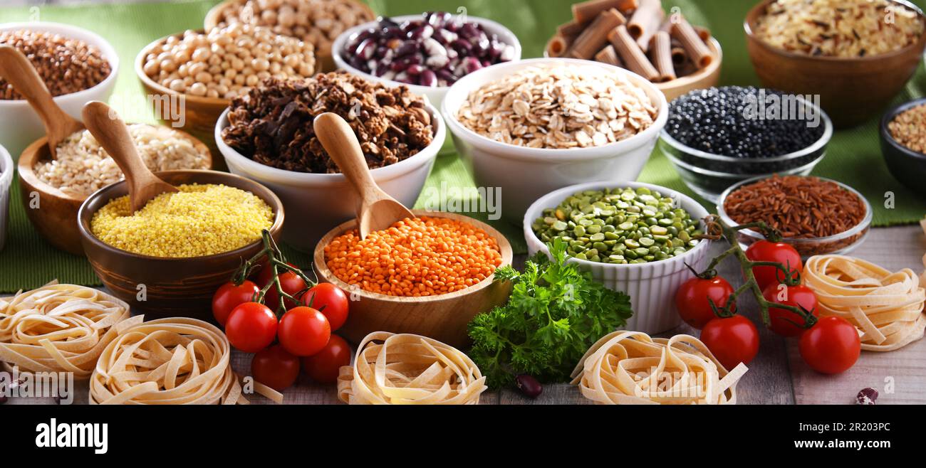 Composition with different kinds of dry food products Stock Photo - Alamy